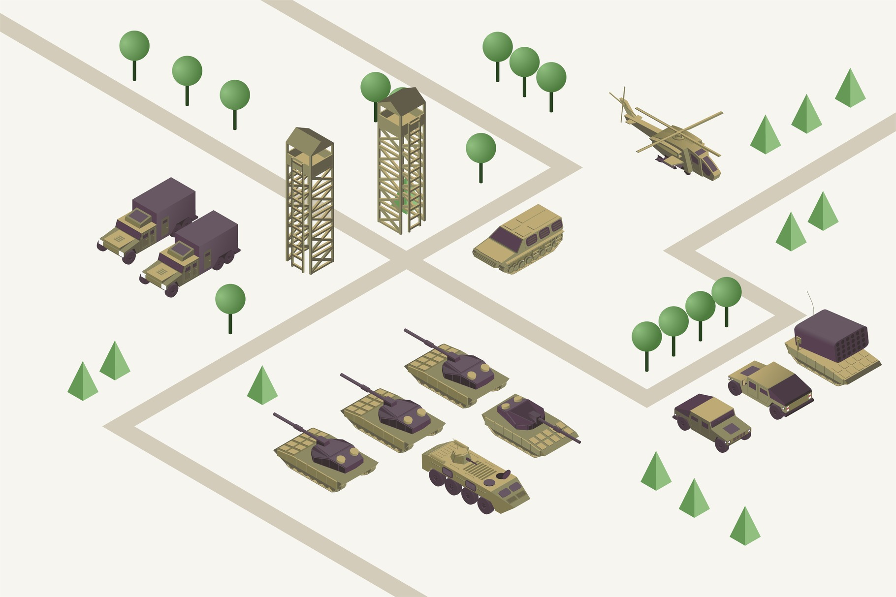 Military base isometric vector, an Illustration by Pavlo Plakhotia's Shop