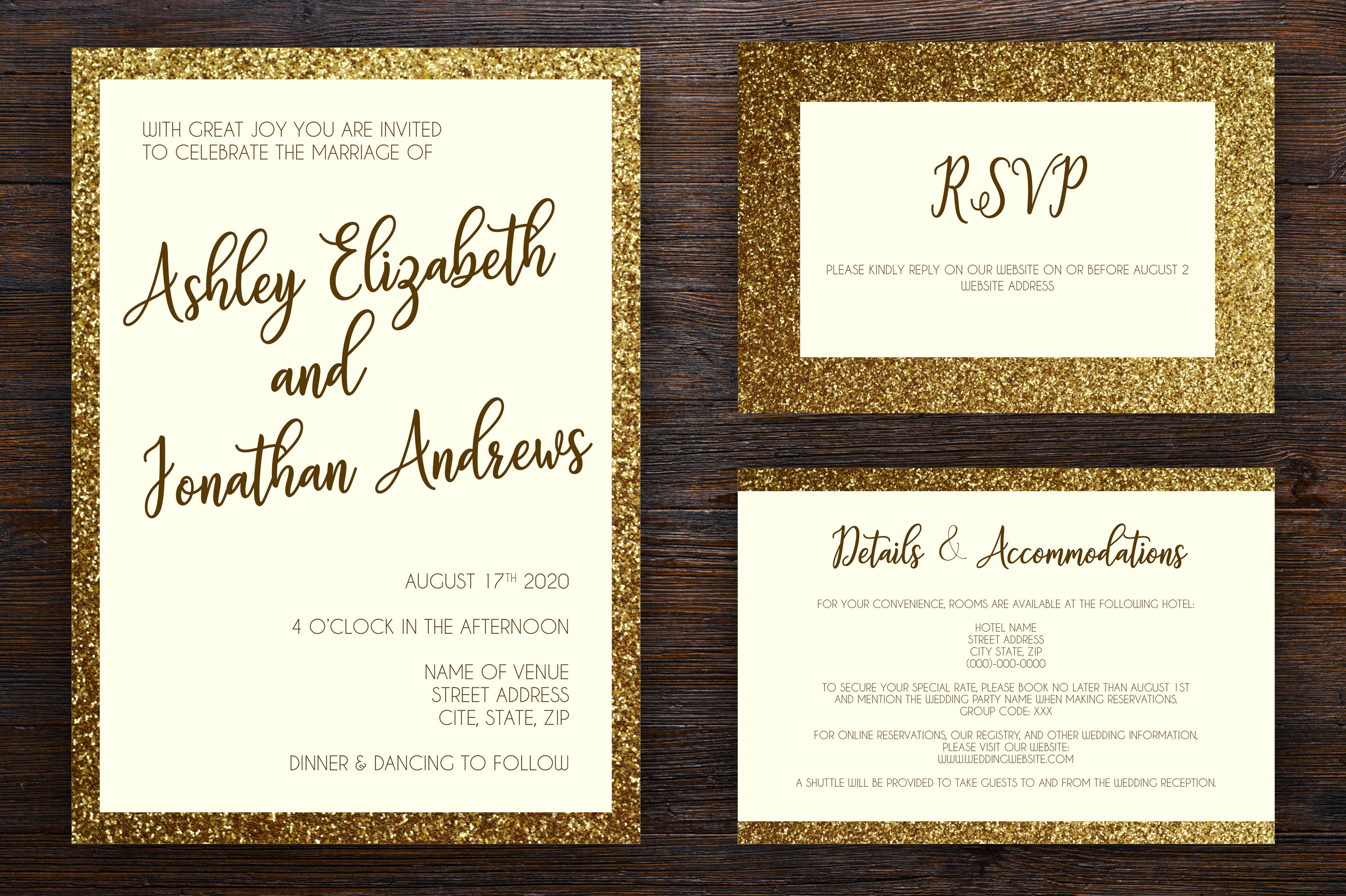 Golden Framed Wedding Invite Pack, a Stationery Template by BF Studios