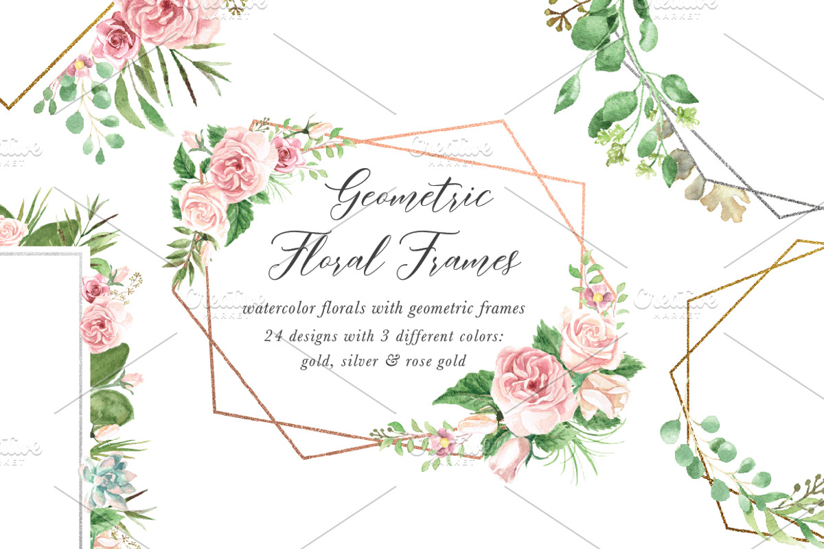 Watercolor Floral Geometric Frames, a Texture Illustration by BirDIY Design