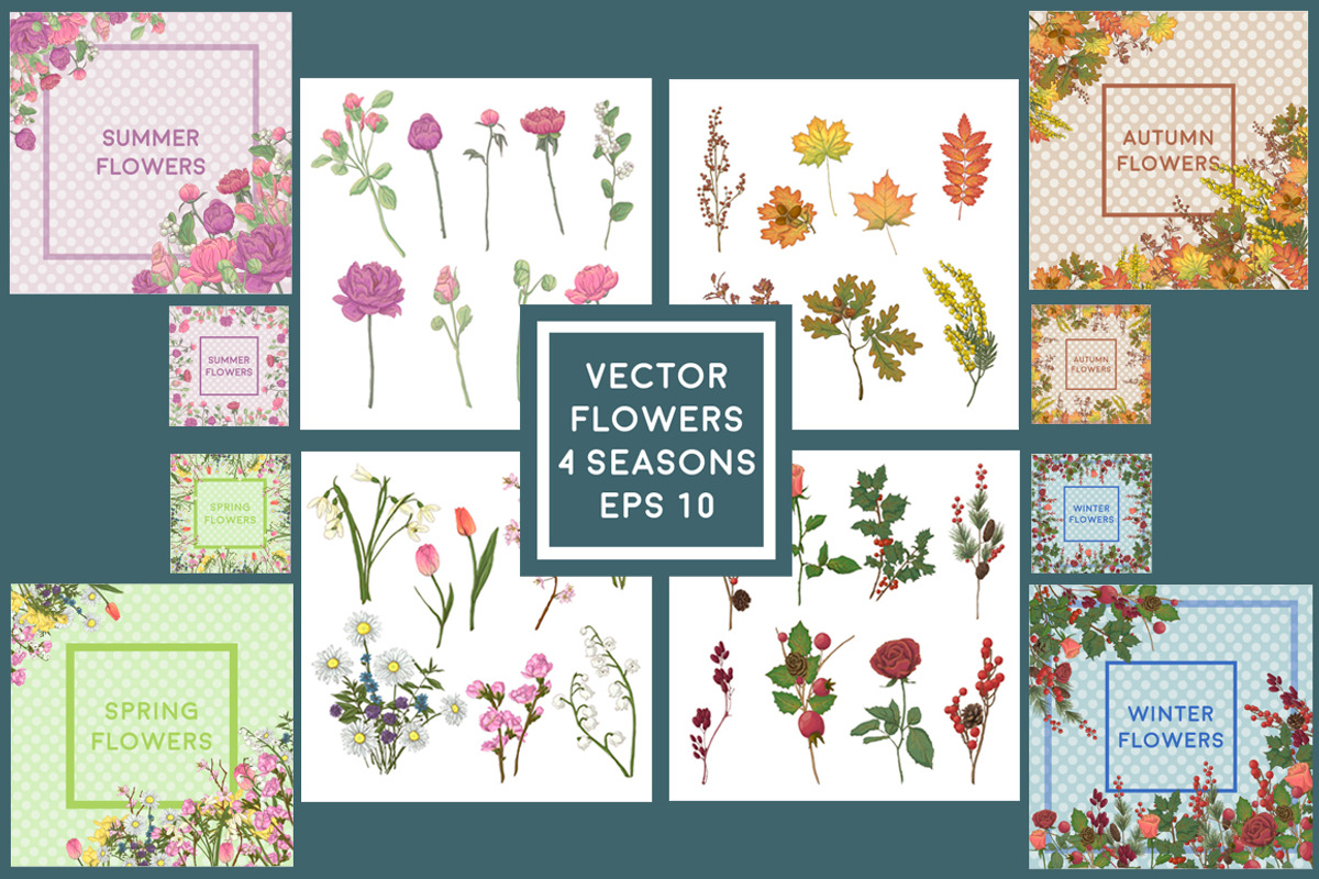 Vector flowers 4 seasons eps 10, a Graphic by Koshka's shop