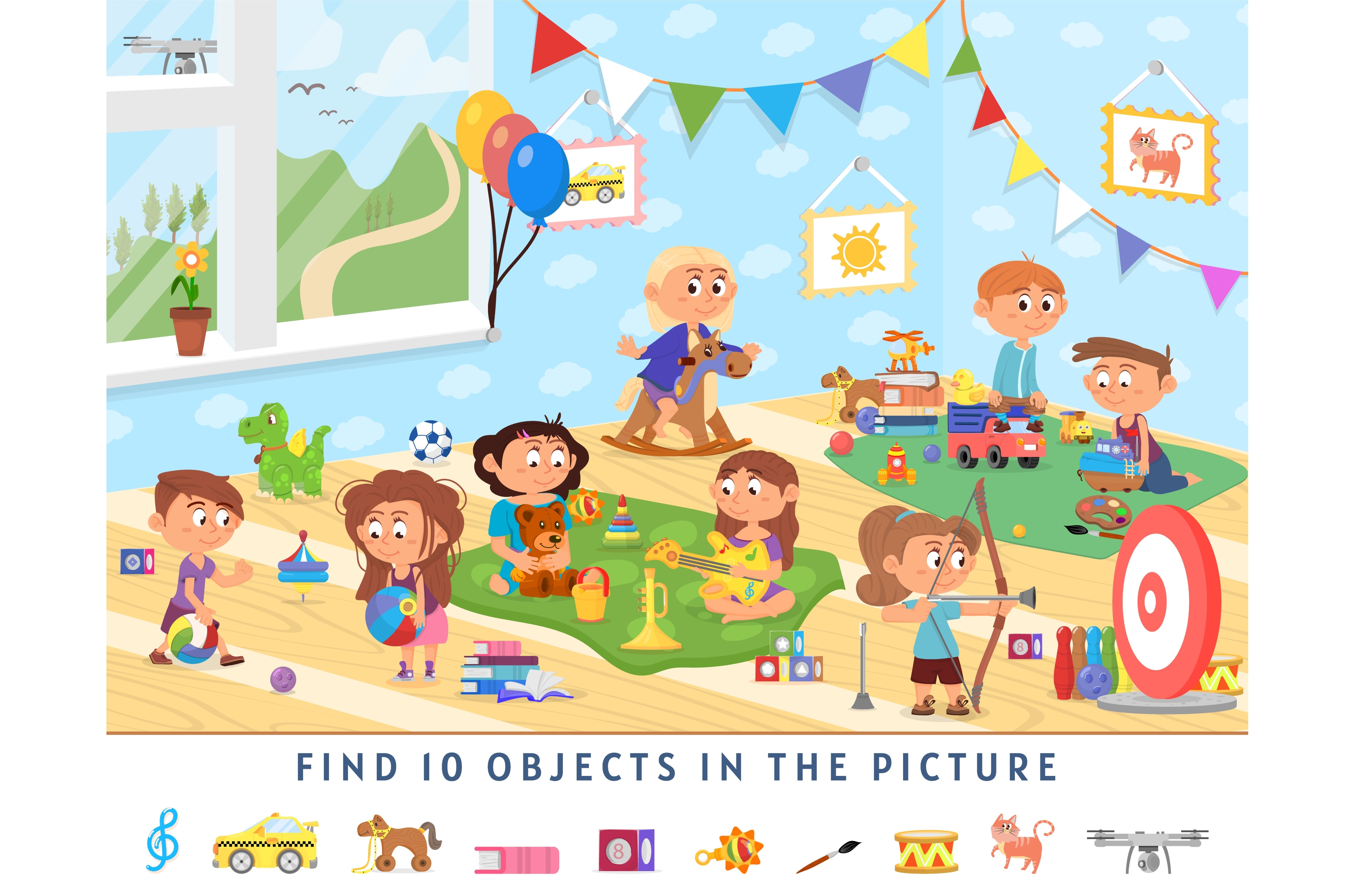 Find 10 objects. Kids game, school | Background Graphics ~ Creative Market