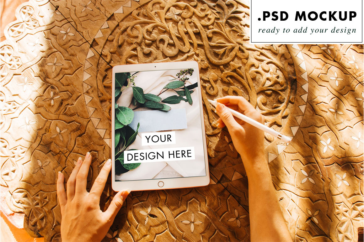 ipad mockup with wood table, an iPad Mockup by Travelling Mockups