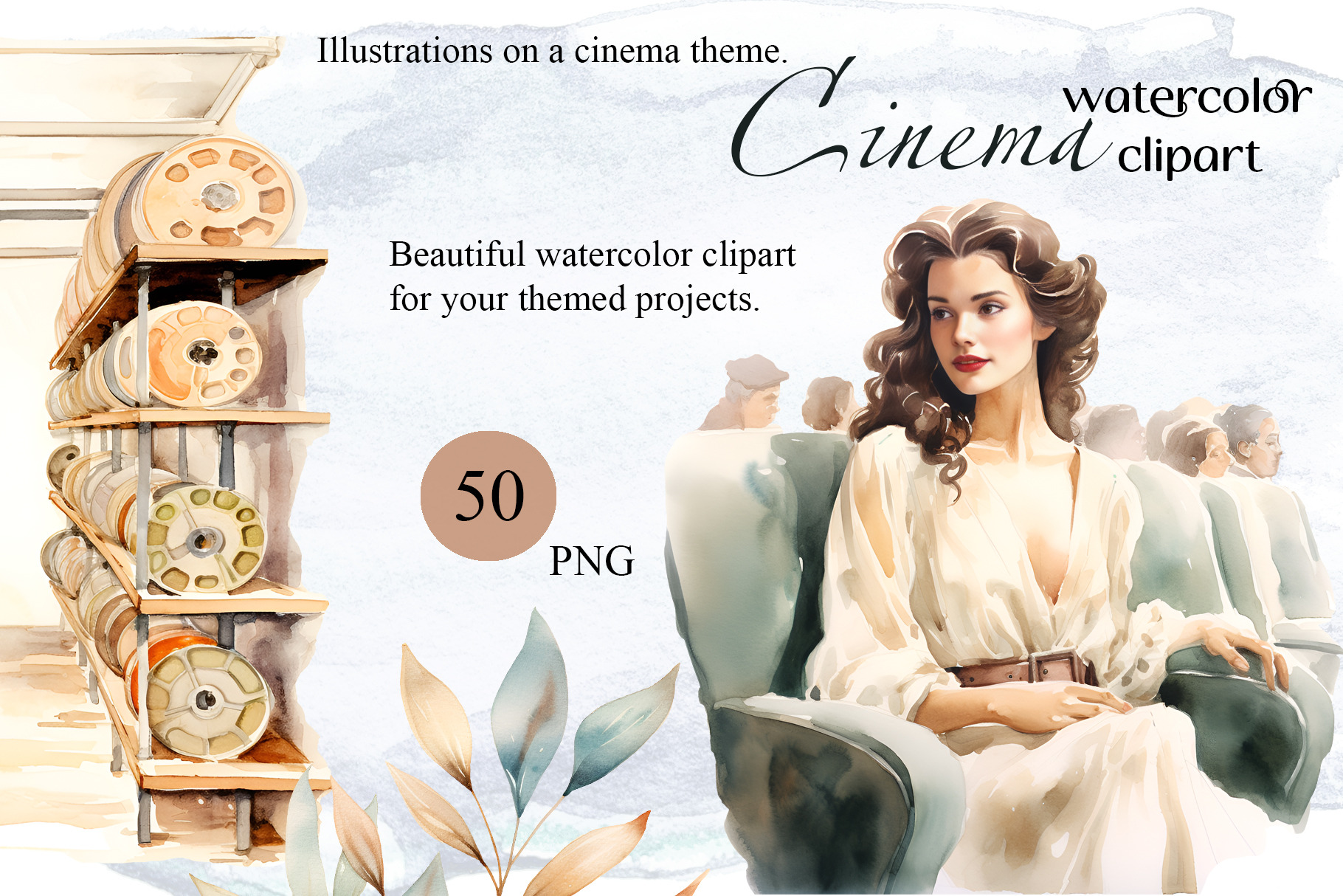 Watercolor clipart cinema set, a Work Illustration by NightDesign