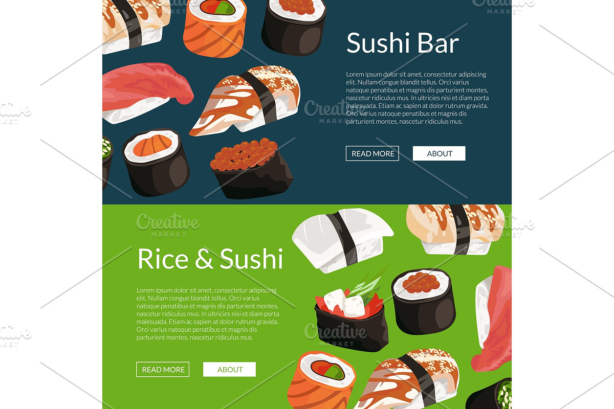 Vector cartoon sushi horizontal banner templates, a Background Graphic ...