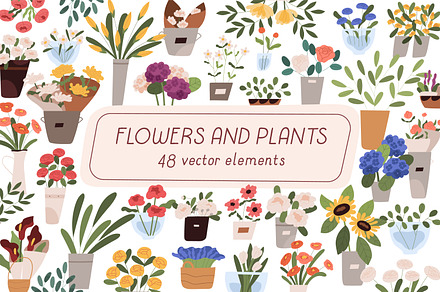 Colorful Vases with Flowers in a Row | Decorative Illustrations ...