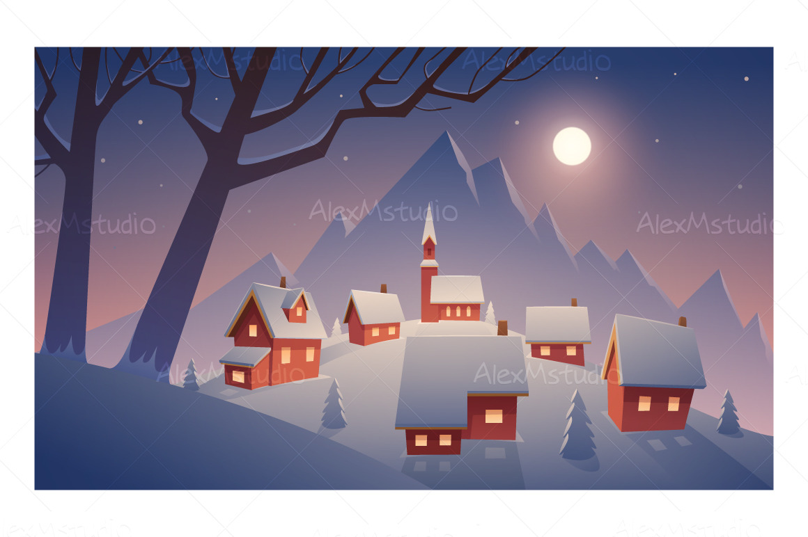 Village In Snow, an Illustration by AlexMstudio