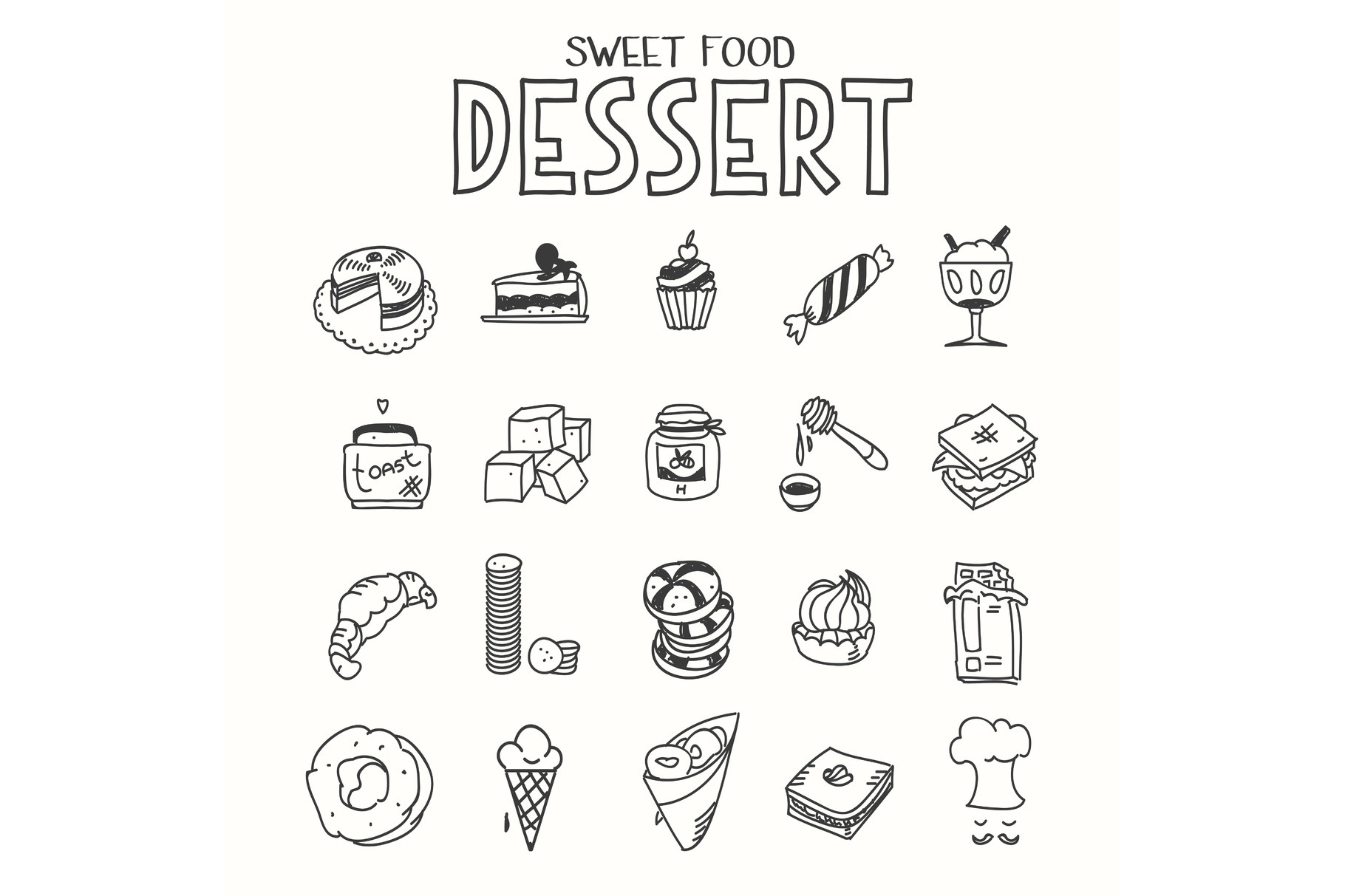 Sweet food desert morning breakfast lunch or dinner kitchen doodle hand ...