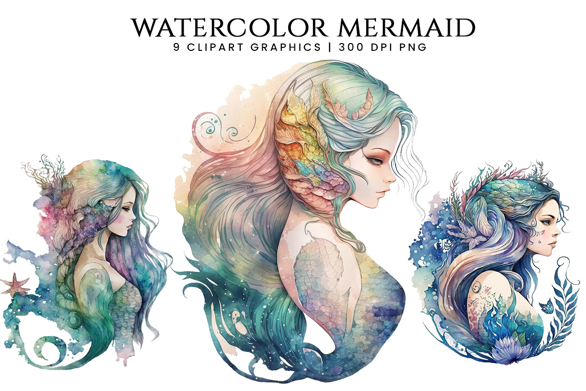 Mermaid Watercolor Clipart Bundle, an Animal Illustration by Design Scotch