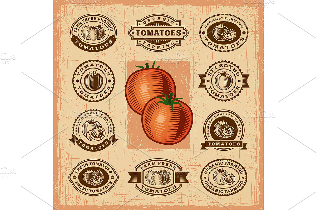 Vintage Tomato Stamps Set, a Food Illustration by Retro Graphics