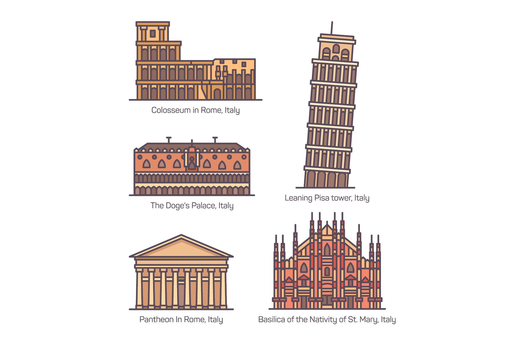 Isolated Italian famous landmarks | Illustrations ~ Creative Market