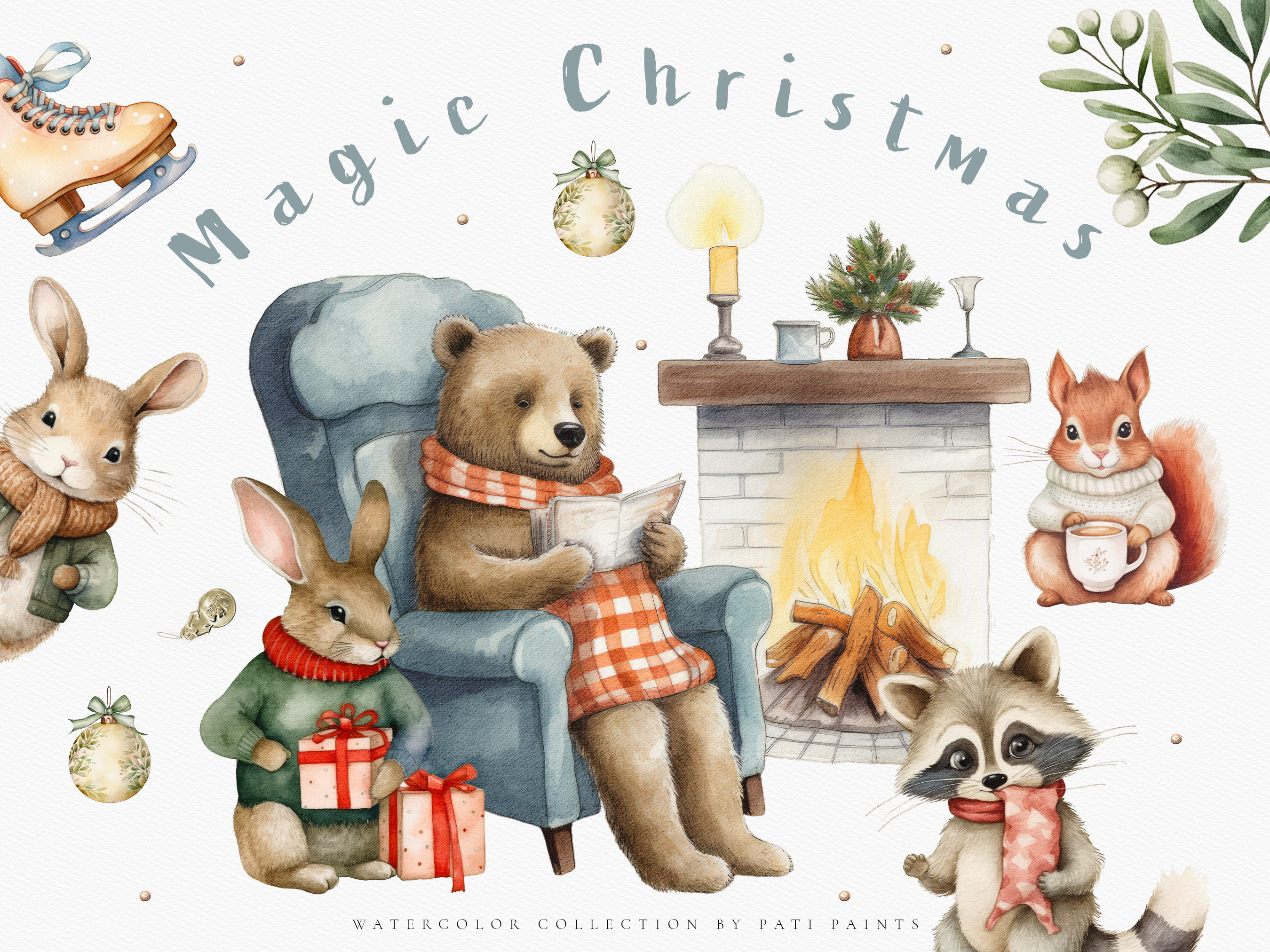Watercolor Christmas Animals Character