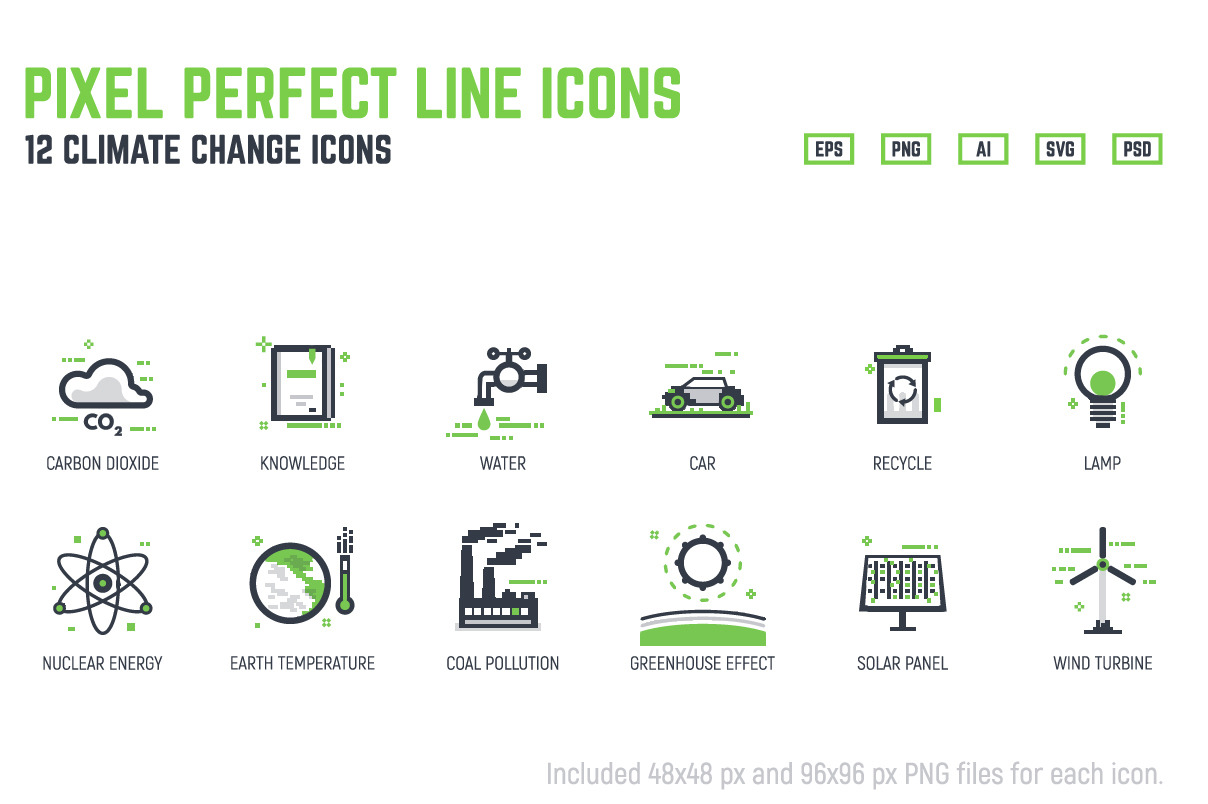 Global warming 12 pixel line icons, an Outline Icon by SkyVectors
