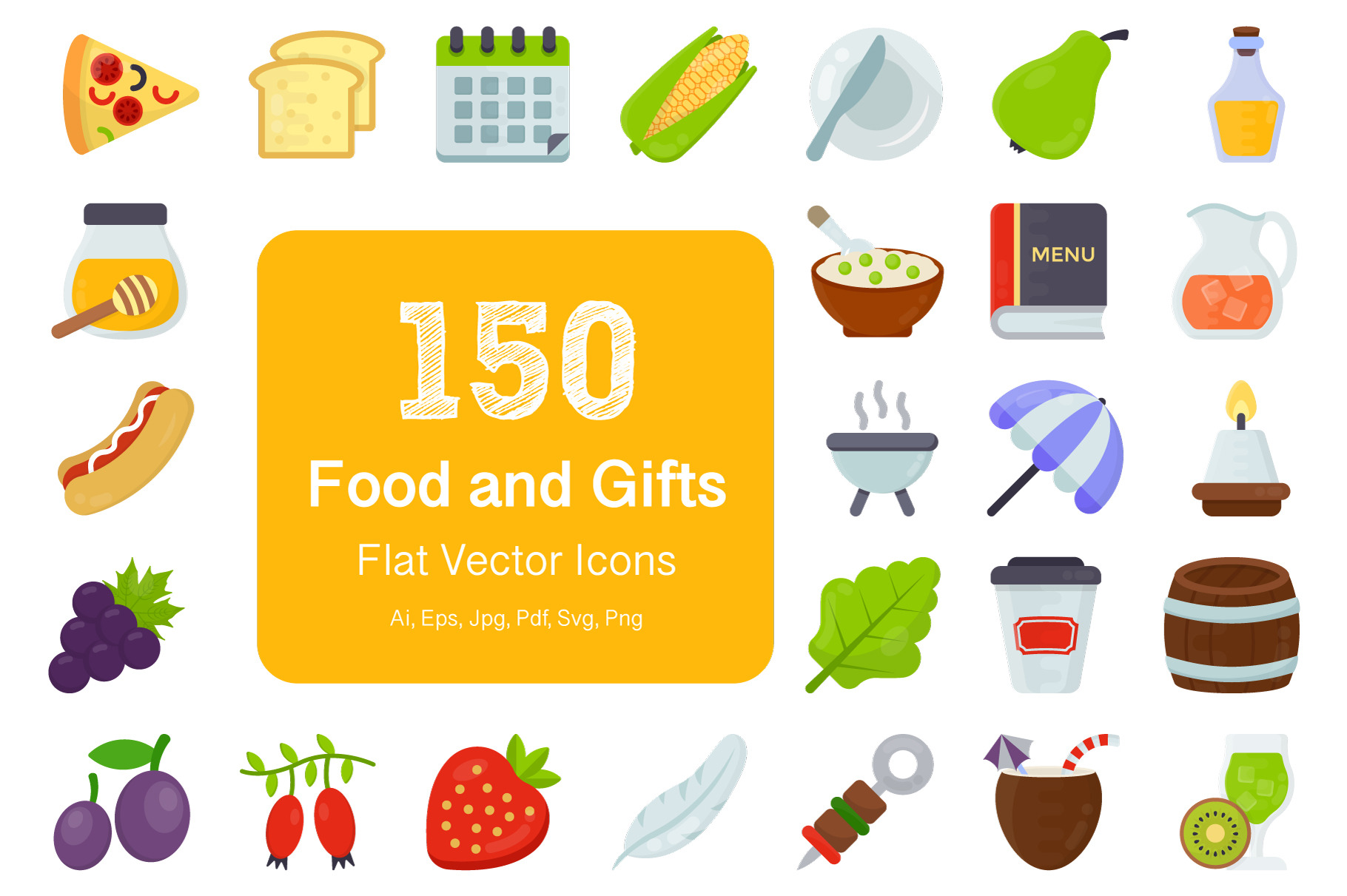150 Flat Food and Gifts Vector Icons, an Icon by Vectors Market