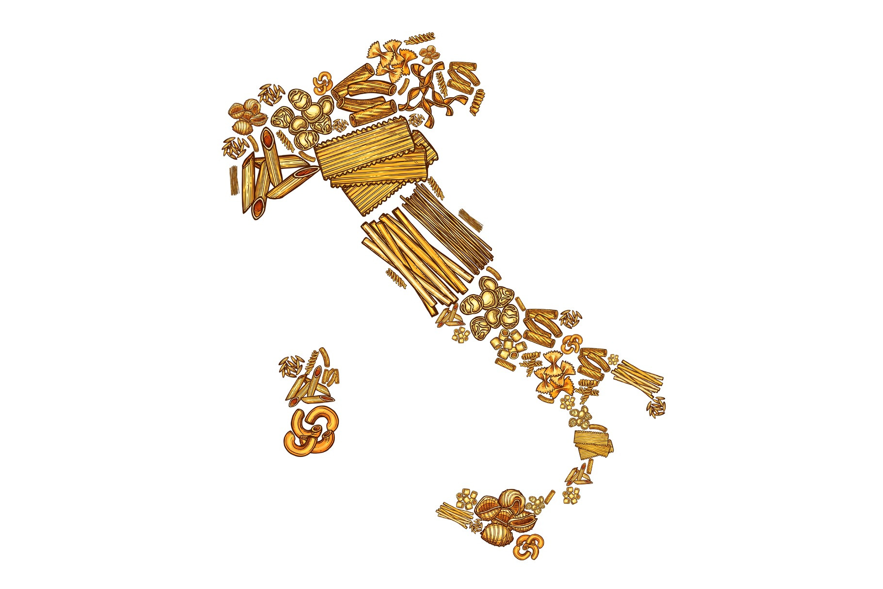 Italy map with pasta, vector, a Food Illustration by Vector Tradition