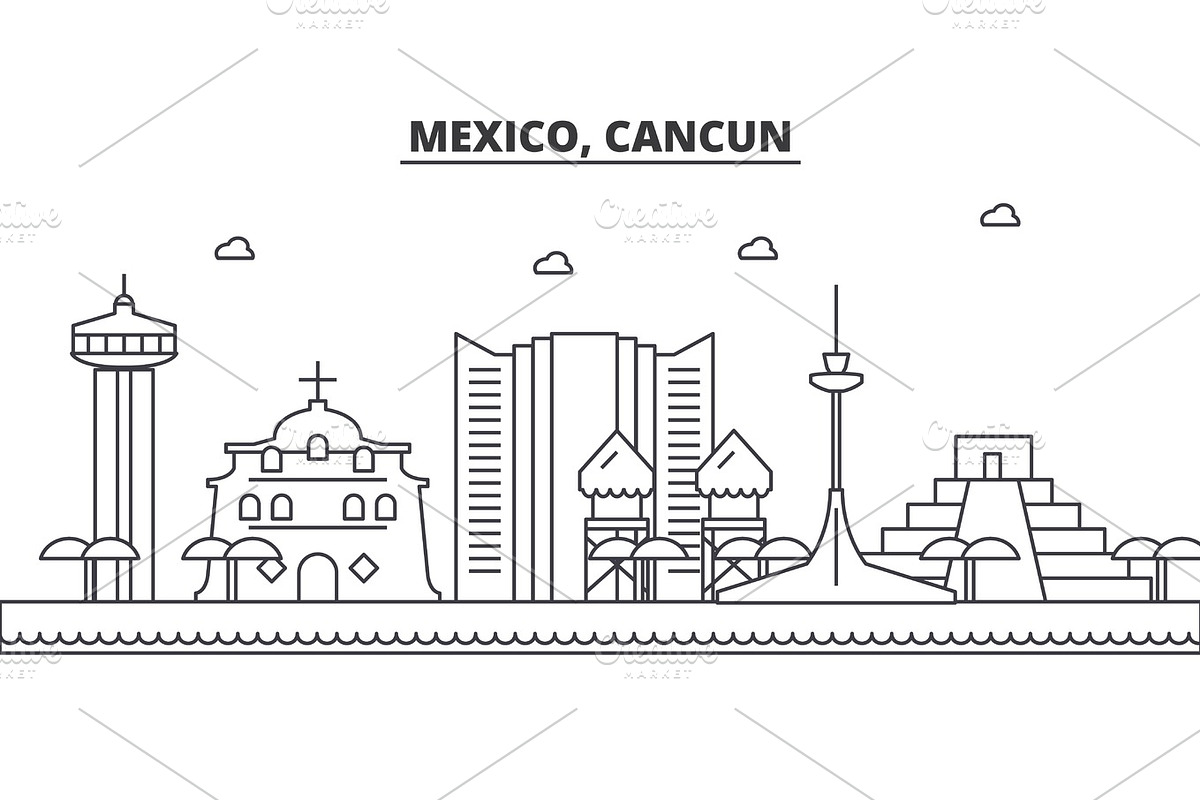 Mexico, Cancun architecture line skyline illustration. Linear vector ...