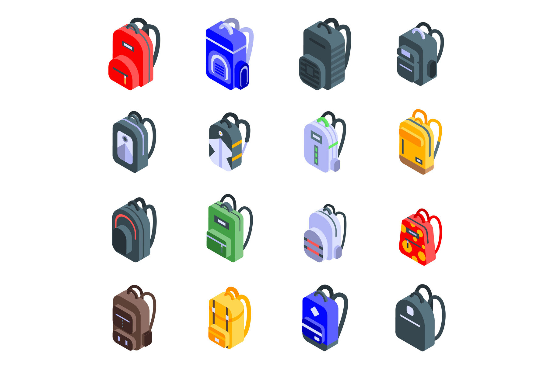 Backpack icons set, isometric style | Education Illustrations ...