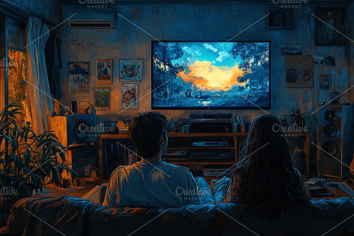 Couple Enjoying a Cozy Evening Watching TV in a Comfortable Living Room ...