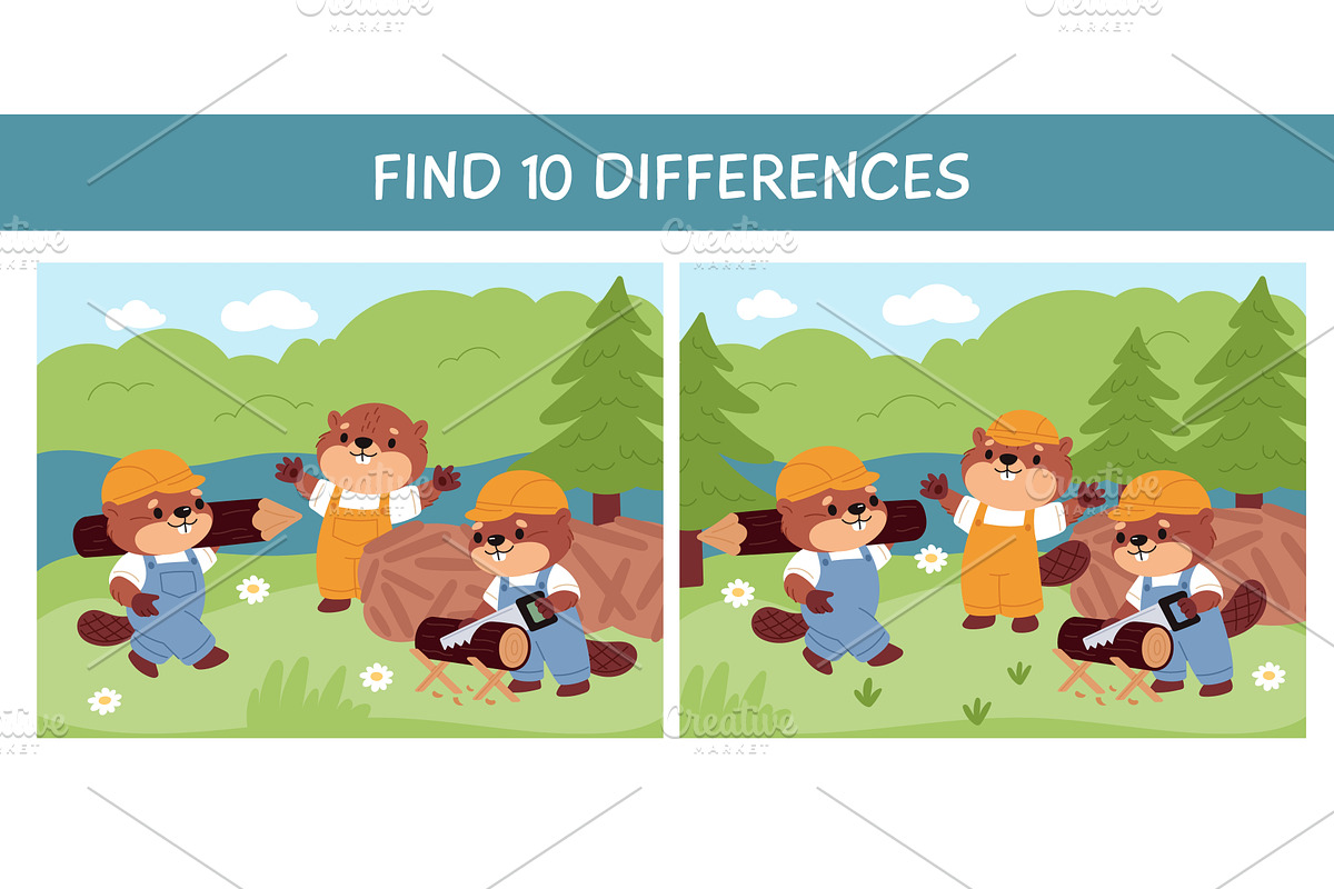 Cute beavers. Kids educational game, an Animal Illustration by YummyBuum