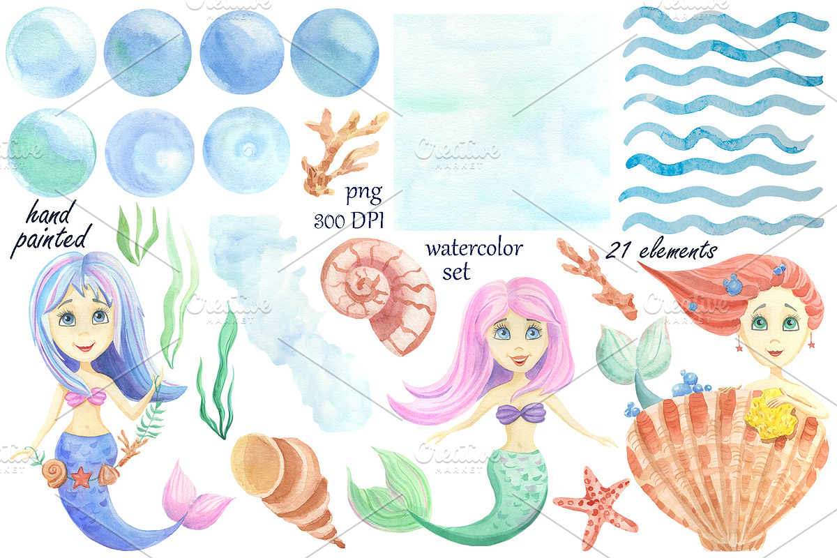 Watercolor set mermaids clip art, a Decorative Illustration by ...