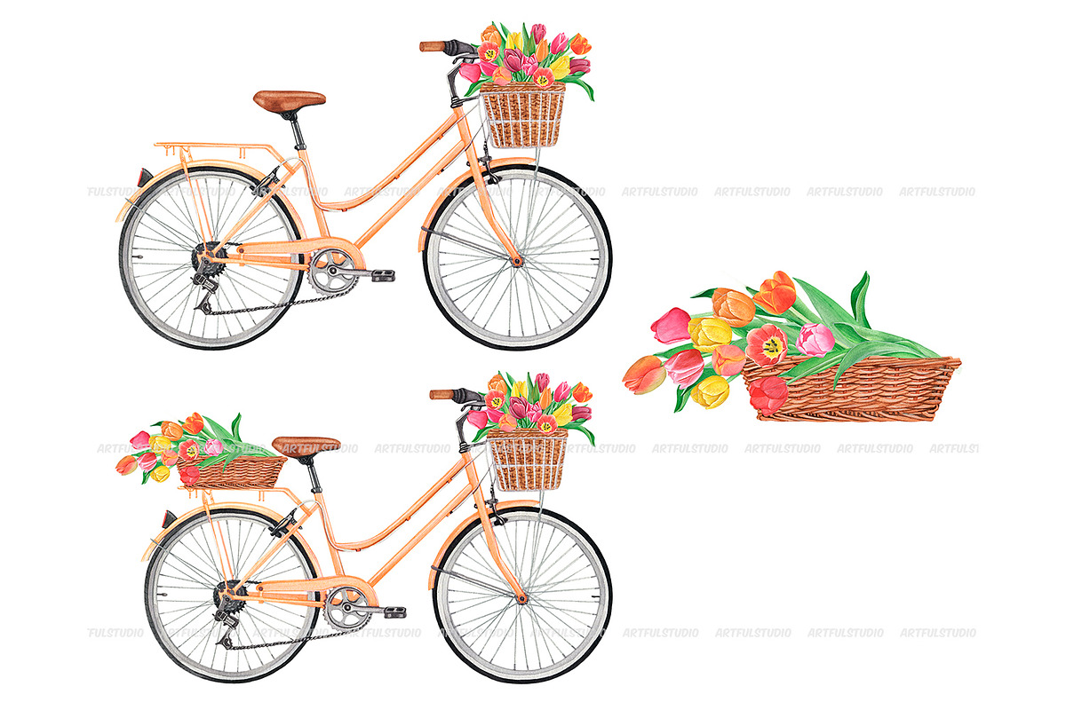 Watercolor spring bicycles clipart, an Illustration by ArtfulStudio