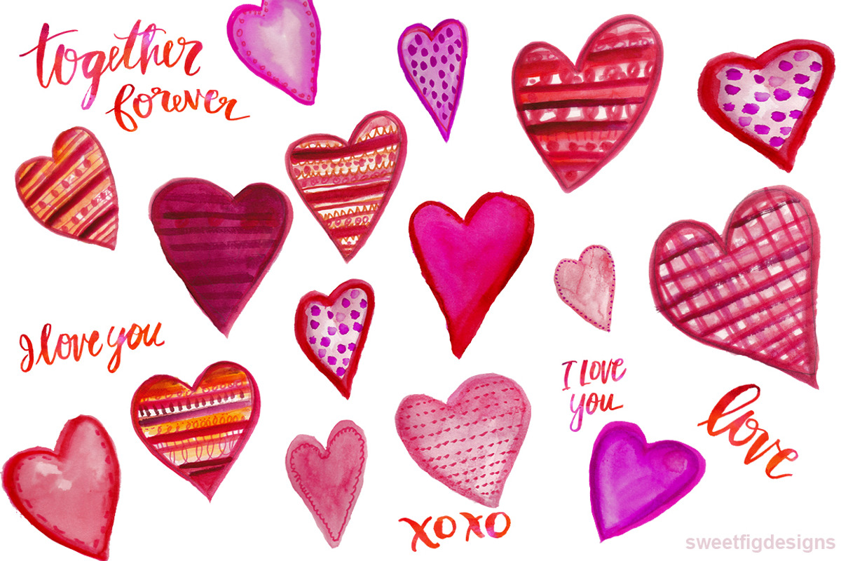 watercolor valentine hearts clipart, an Illustration by Sweet Fig ...