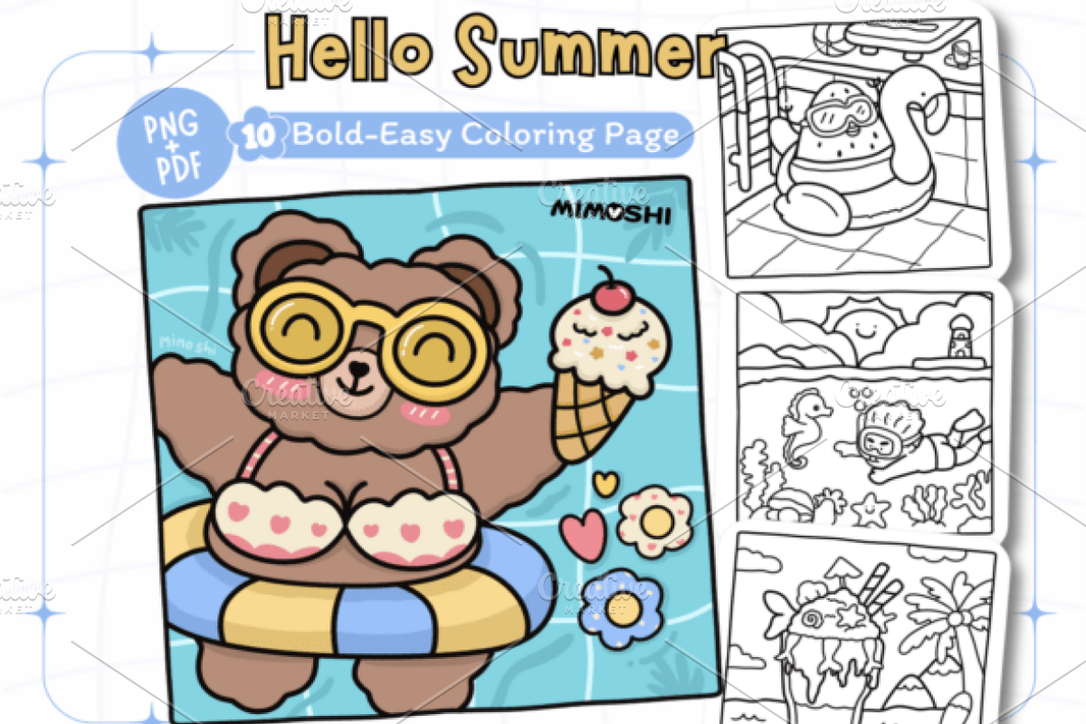 Hello Summer Coloring Pages, a Seasonal Illustration by Ink Gallery