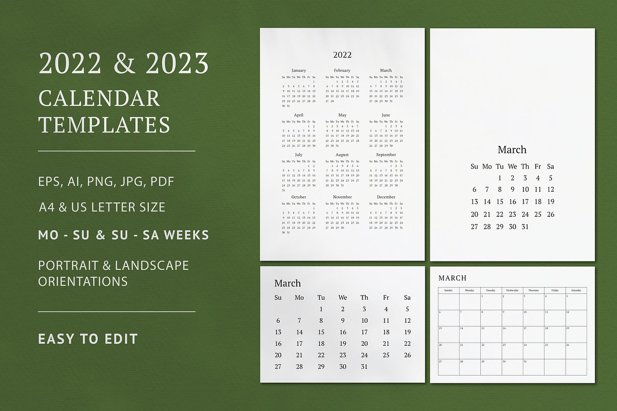 2022 & 2023 Calendar Templates, a Stationery Template by Anatartan Design