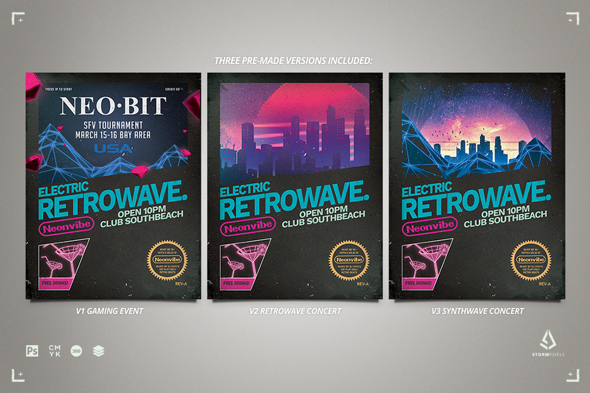 Retrowave Flyer v1 Retrogaming Cover, a Flyer Template by Storm Pixels