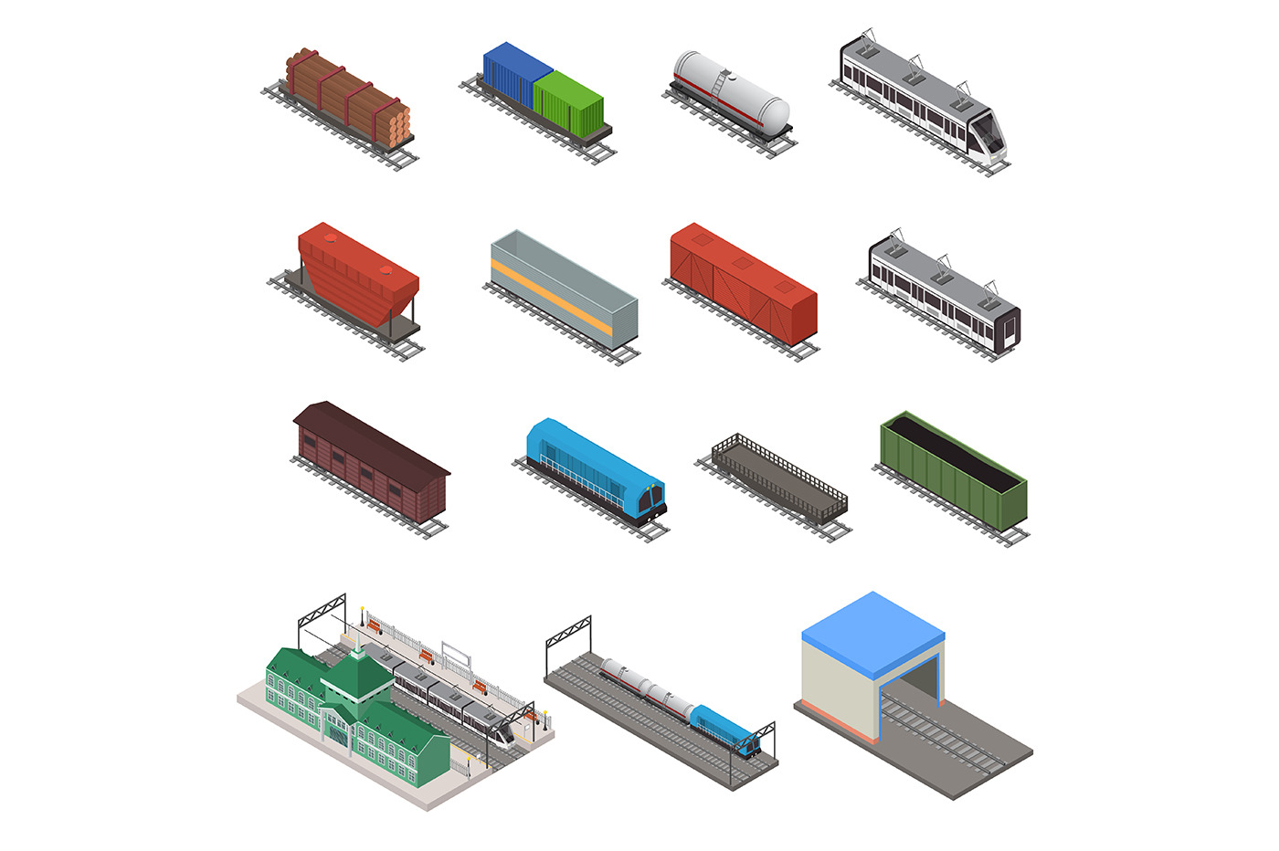 Different Train 3d Set Isometric, a Transportation Illustration by ...