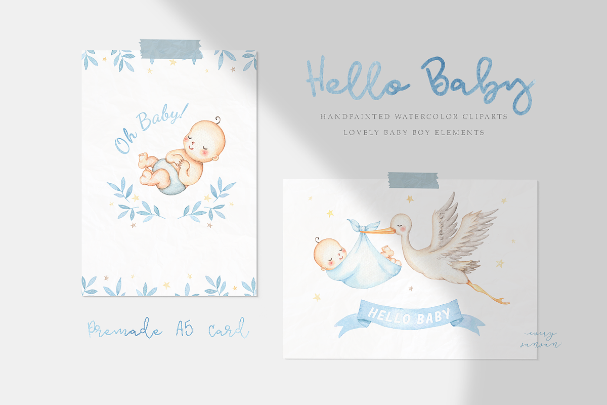 Hello Baby Blue Watercolor Clip Arts, an Animal Illustration by everysunsun