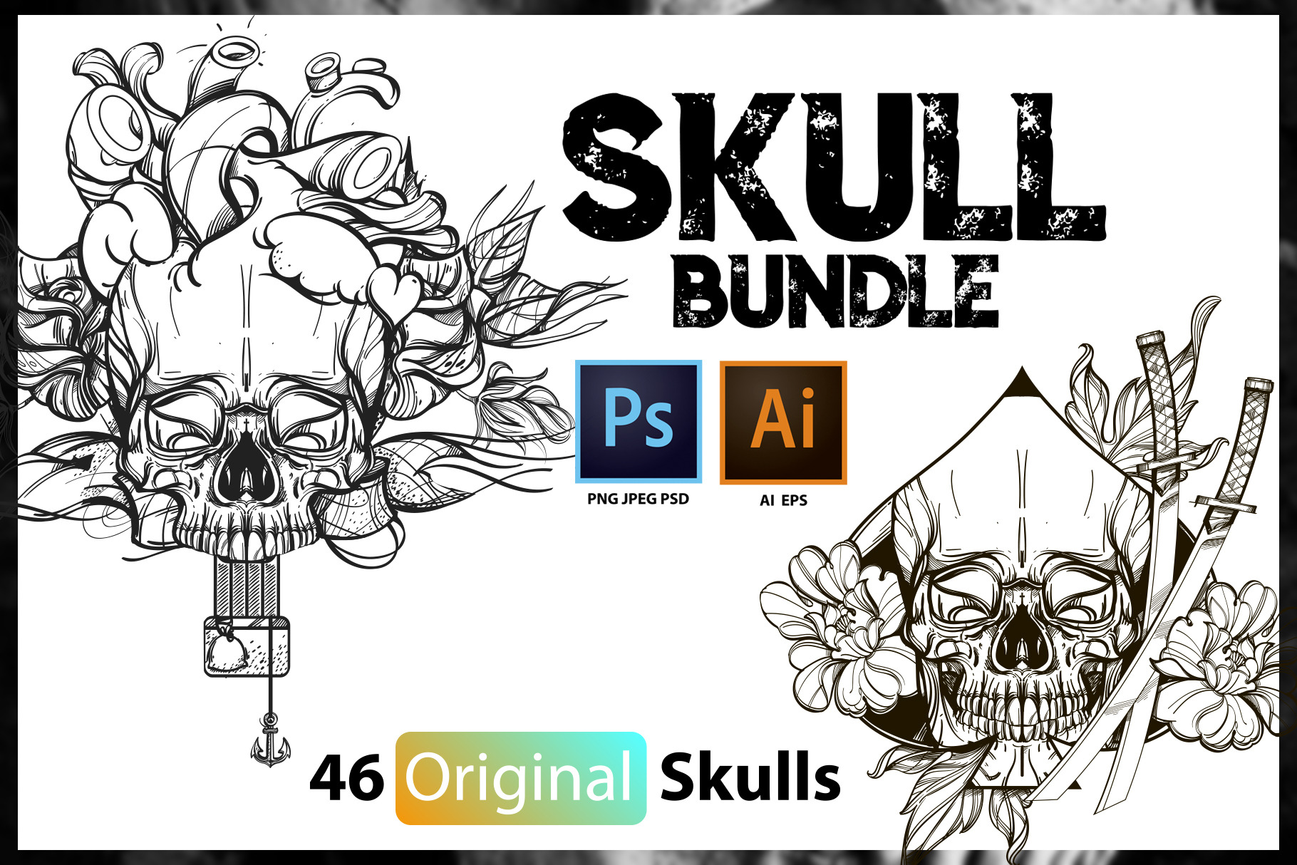 Skull Bundle. Black and White Kit, an Education Illustration by It's ...