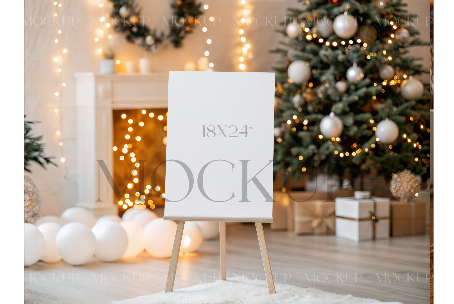 18x24 Holiday Poster in Festive Room, a Product Mockup by MockupWizard
