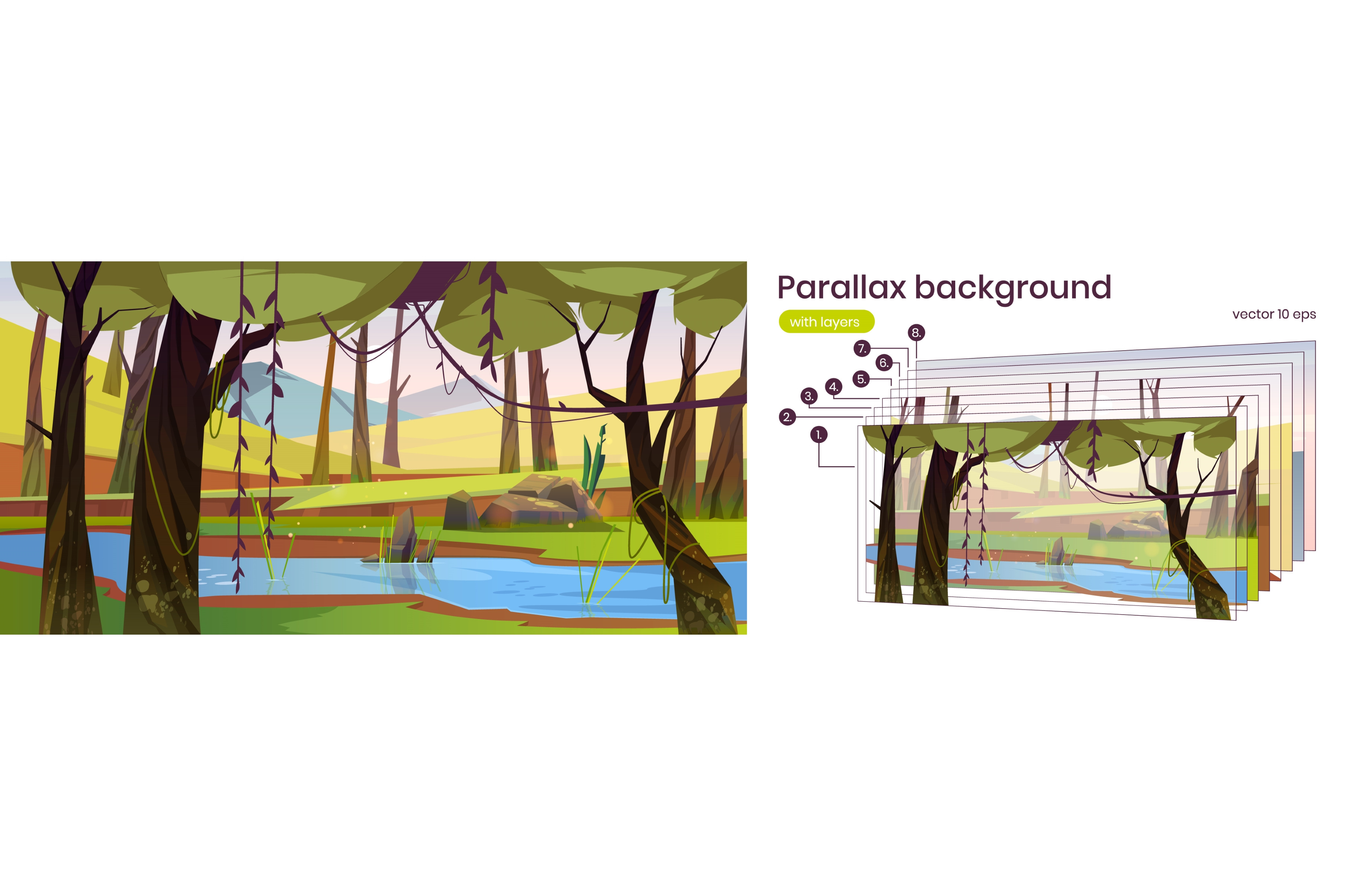 Parallax background with brook in, an Illustration by art PVP - market