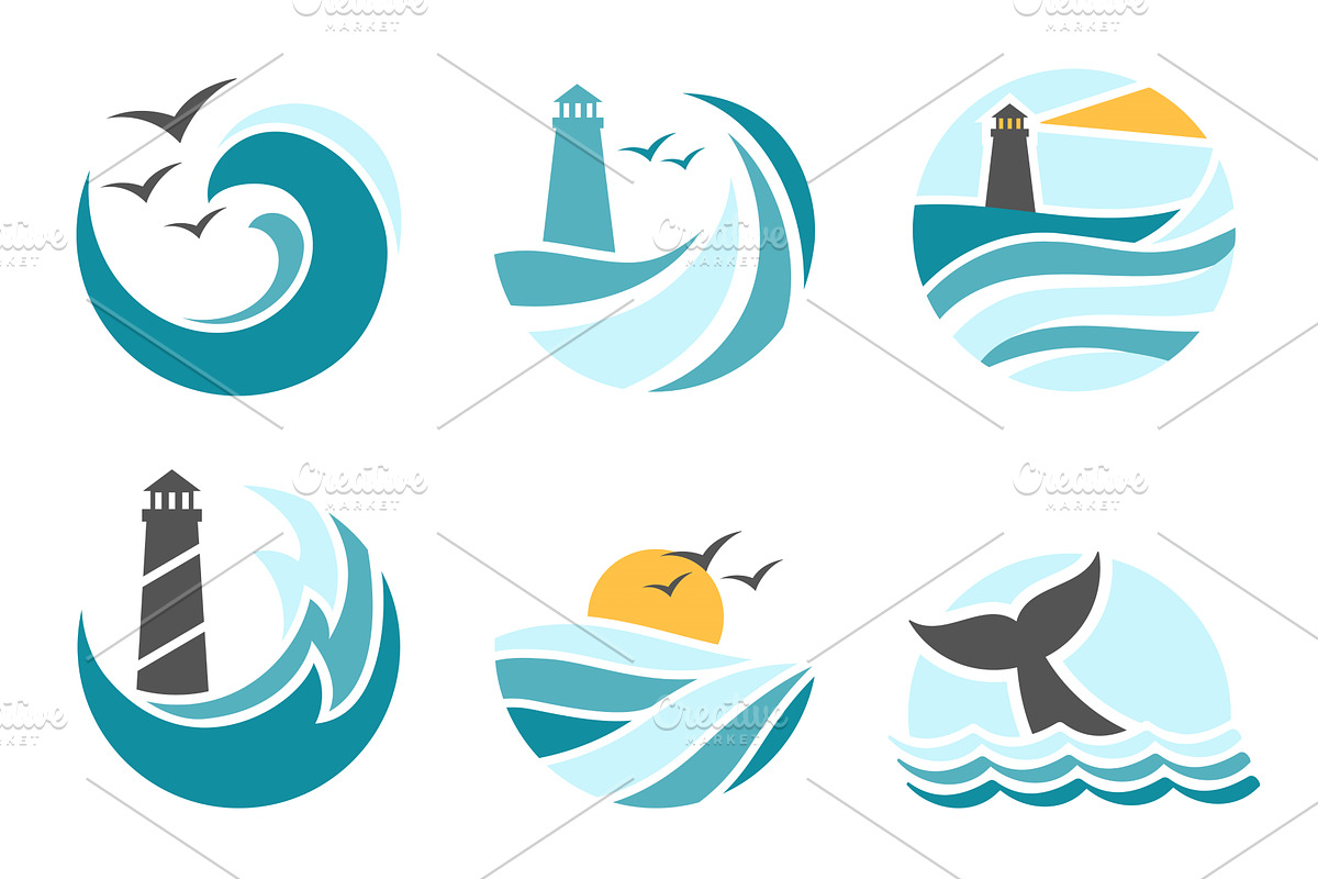 Ocean emblem, sea waves with, an Object Illustration by winwin.art ...
