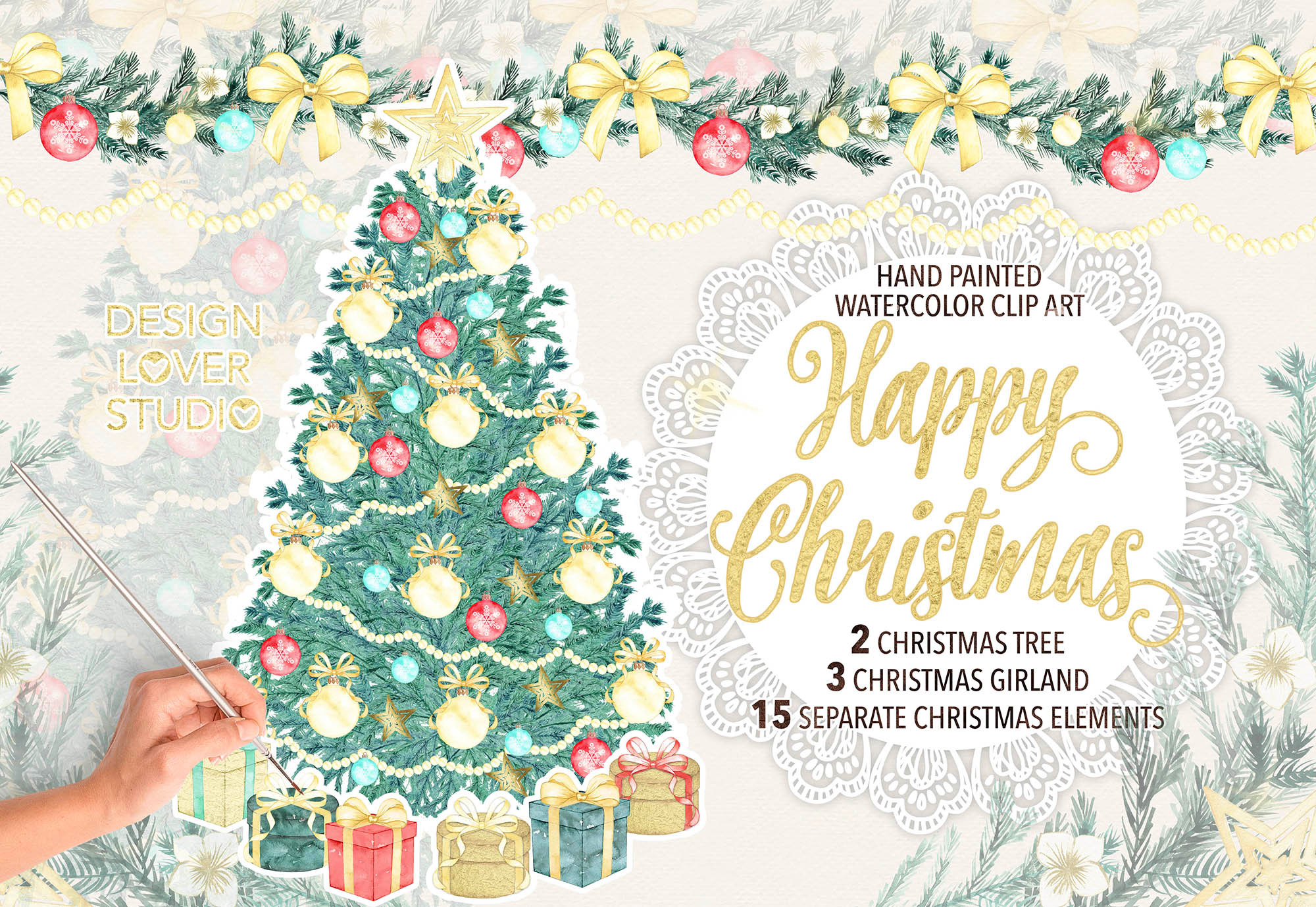 Watercolor Christmas tree cliparts, an Illustration by designloverstudio