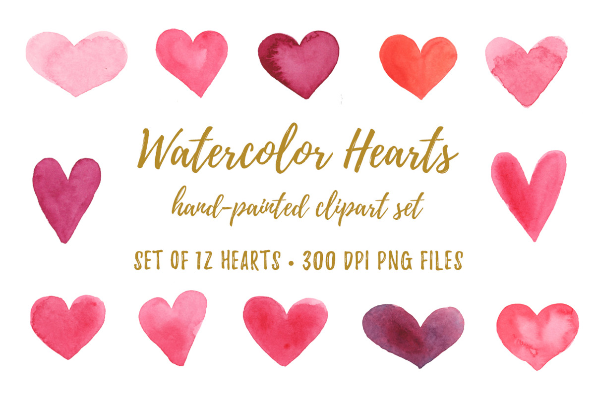 Watercolor Hearts Clipart PNG JPG, an Illustration by BirDIY Design