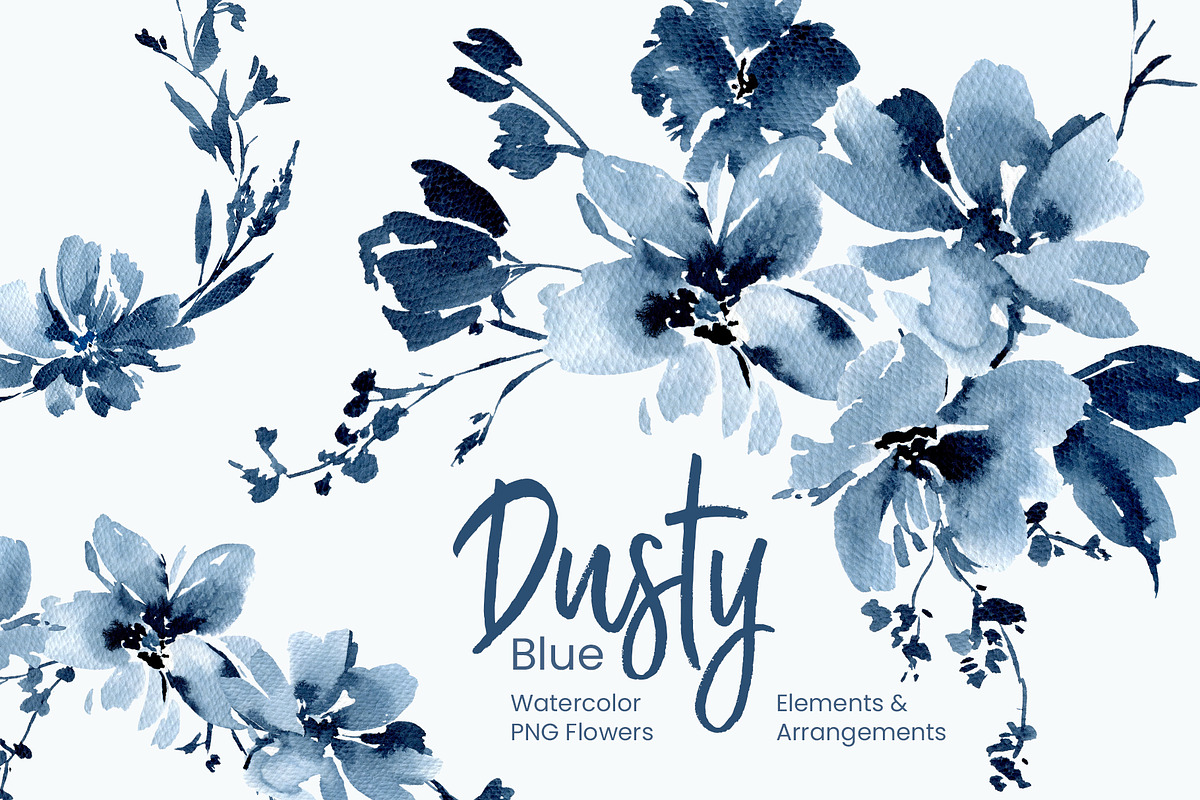 Watercolor Dusty Blue Flowers, a Decorative Illustration by GraphicsDish