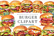 Watercolor Burger Clipart Bundle, a Food Illustration by BusyDaydesign