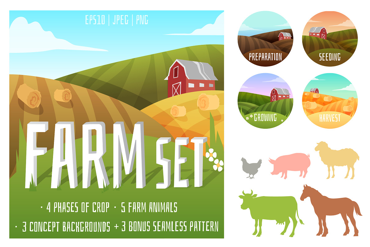 Farm set of animals and landscapes, an Animal Illustration by Dashikka