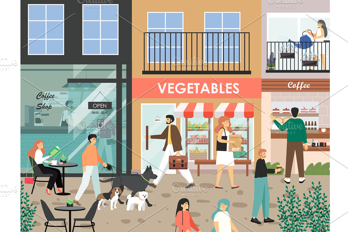 City street with coffee shop, cafe, a Person Illustration by ...