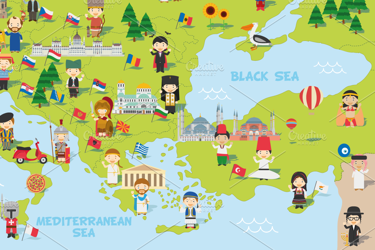 Cartoon map of Europe | Creative Market