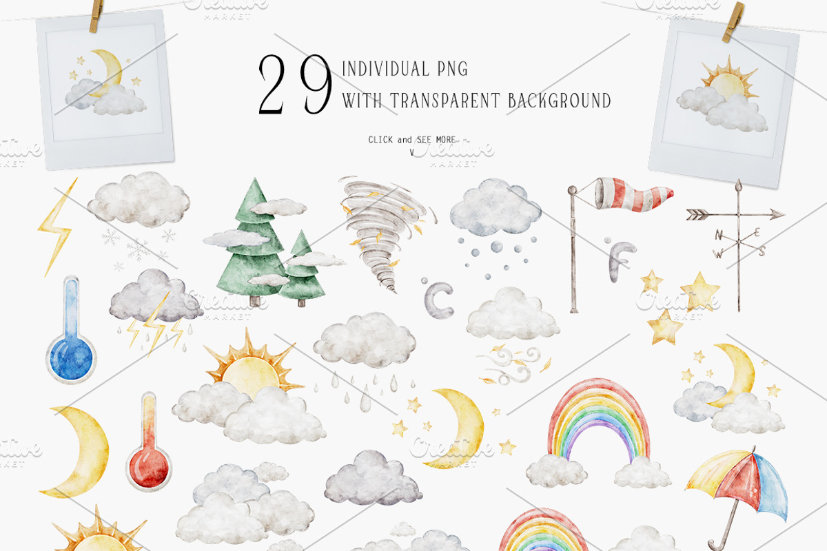 Watercolor Icons weather forecast, an Education Illustration by Daryartsy
