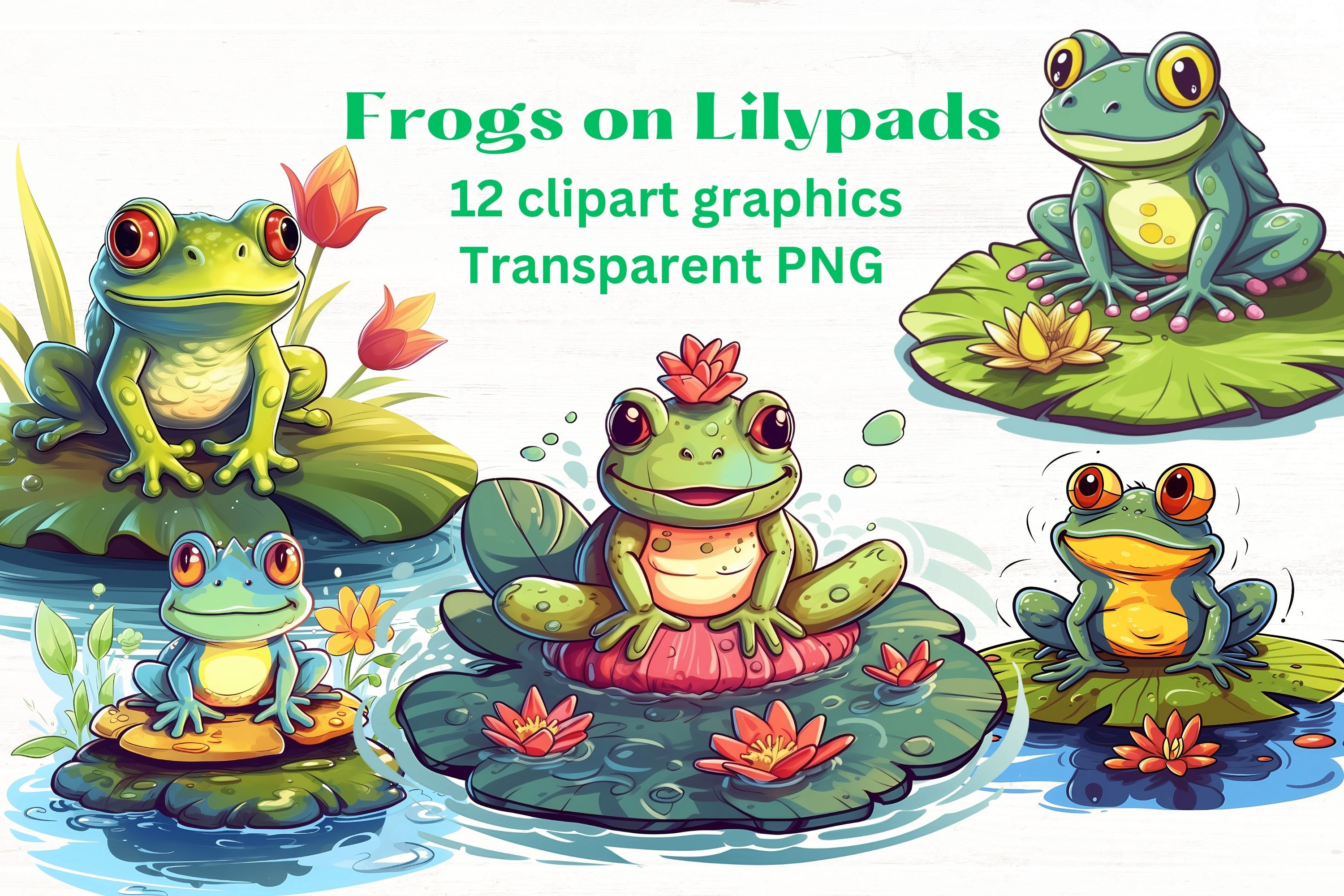 HAPPY FROGS on Lilypads Clipart Set, an Animal Illustration by Mermaids ...