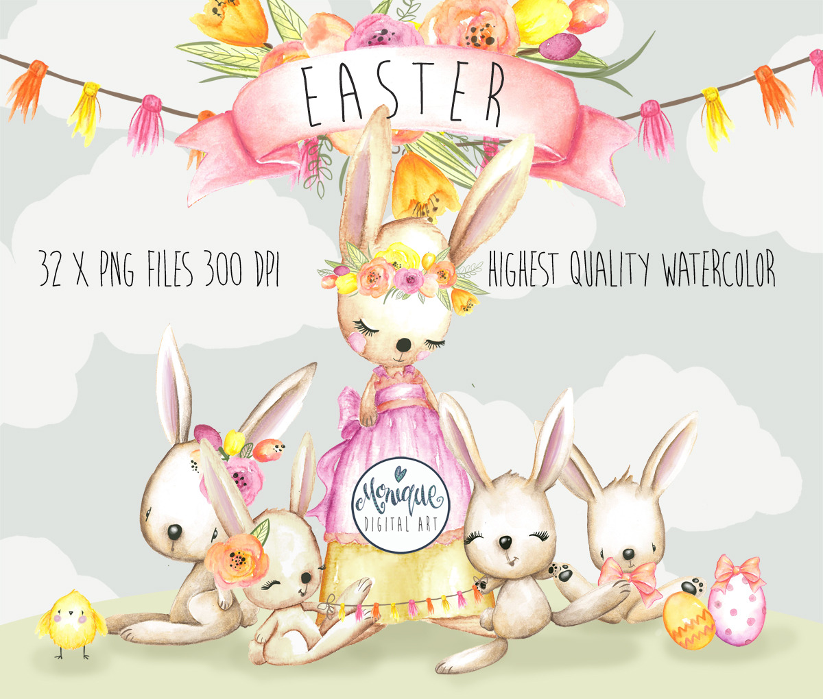 Easter Bunny Clipart Watercolor, an Illustration by Monique Digital Art