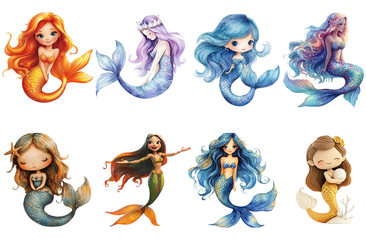 Fantasy Sea Mermaid Clipart Bundle, an Illustration by Pixels.Craft