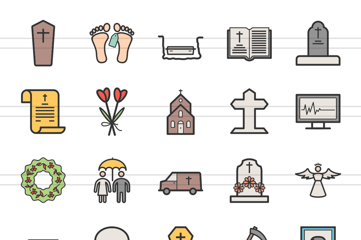 50 Funeral Filled Line Icons, an Outline Icon by IconBunny