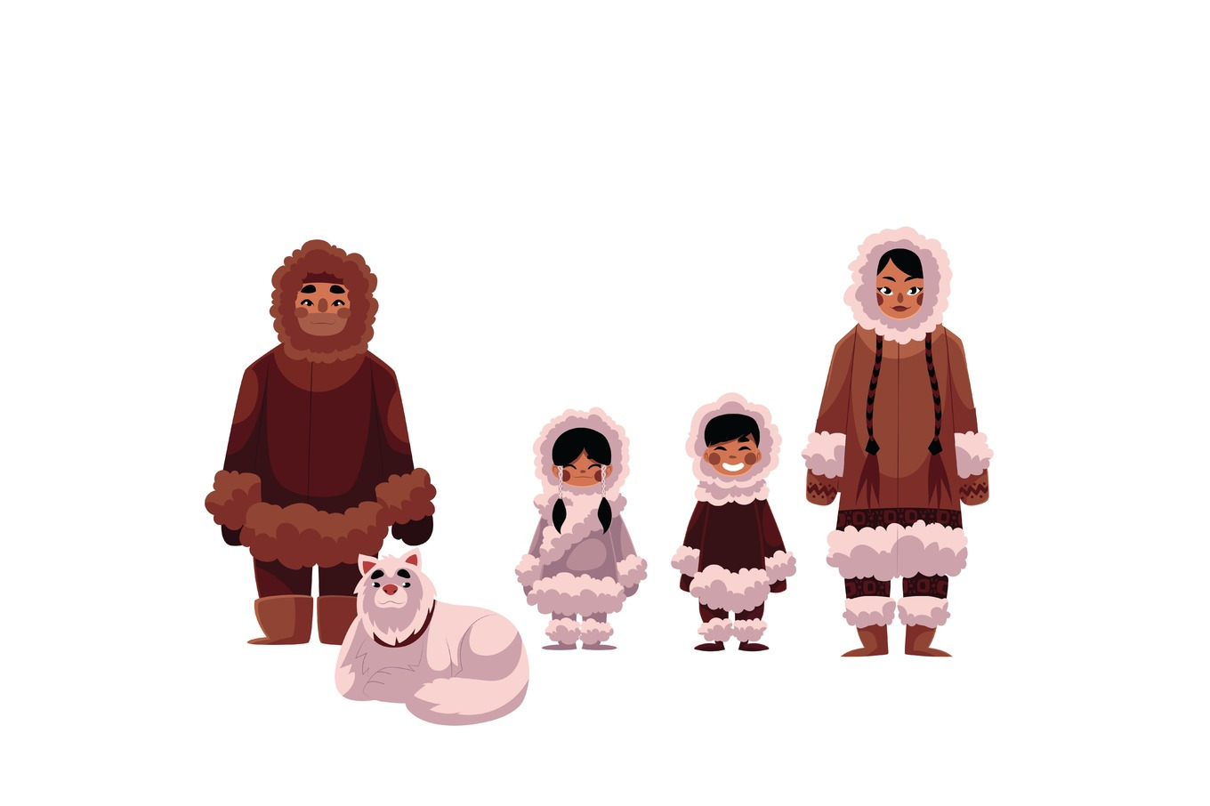 Eskimo, Inuit family of father, mother and kids with dog, a Person ...