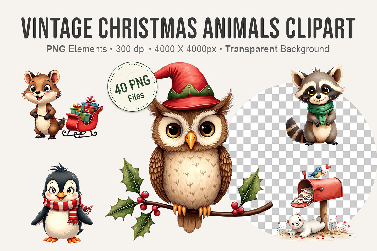 Vintage Christmas Animals Clipart, an Animal Illustration by Artnoy