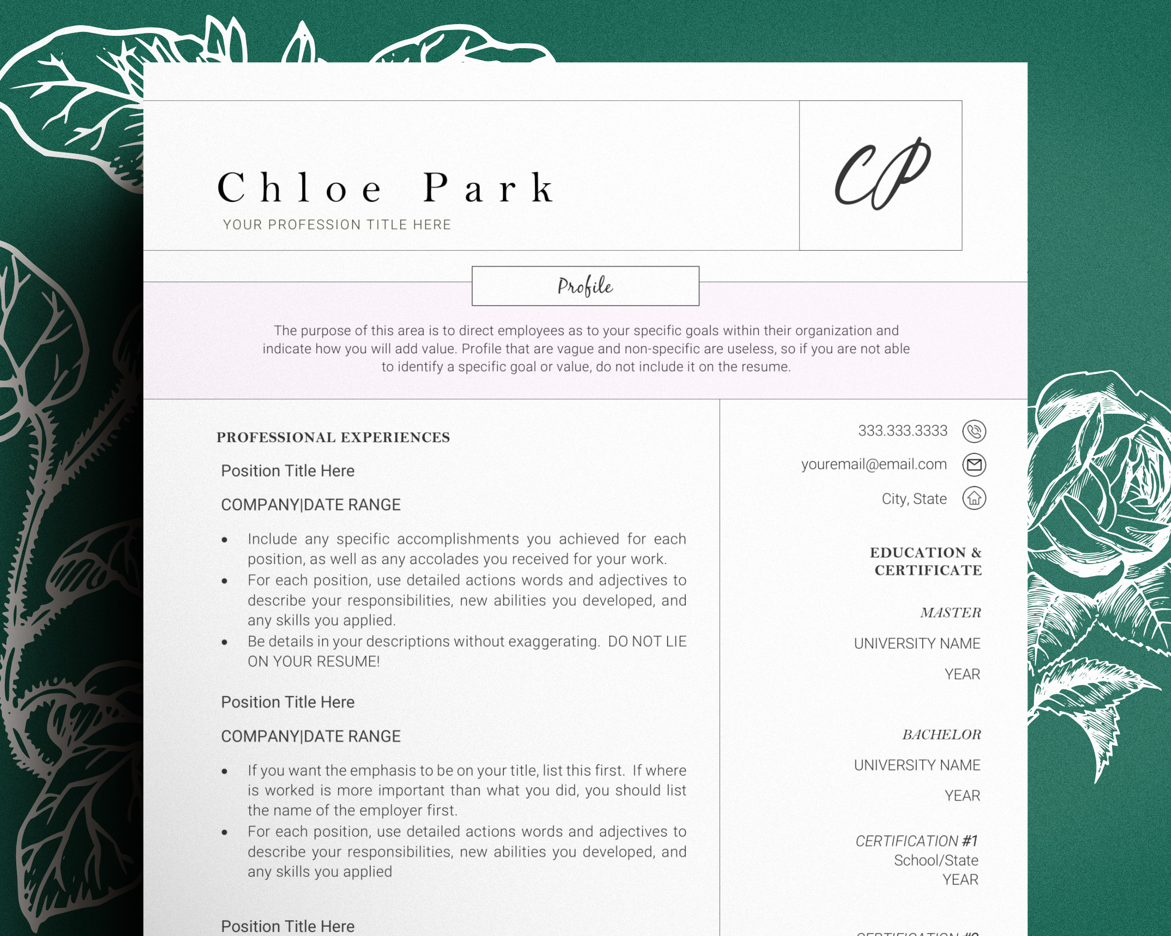 Minimalist Pink Resume / CV Template, a Resume Template by Hired Guardian