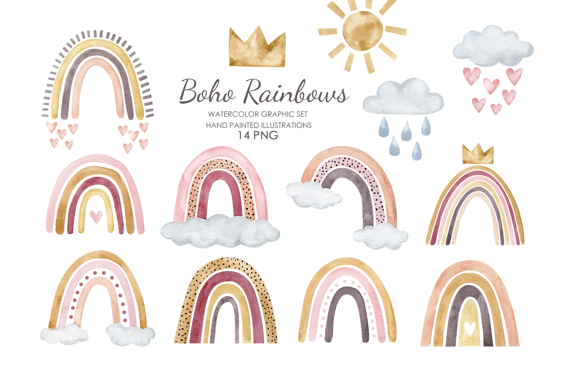 Watercolor boho rainbow clipart, an Illustration by AquarelleSpace